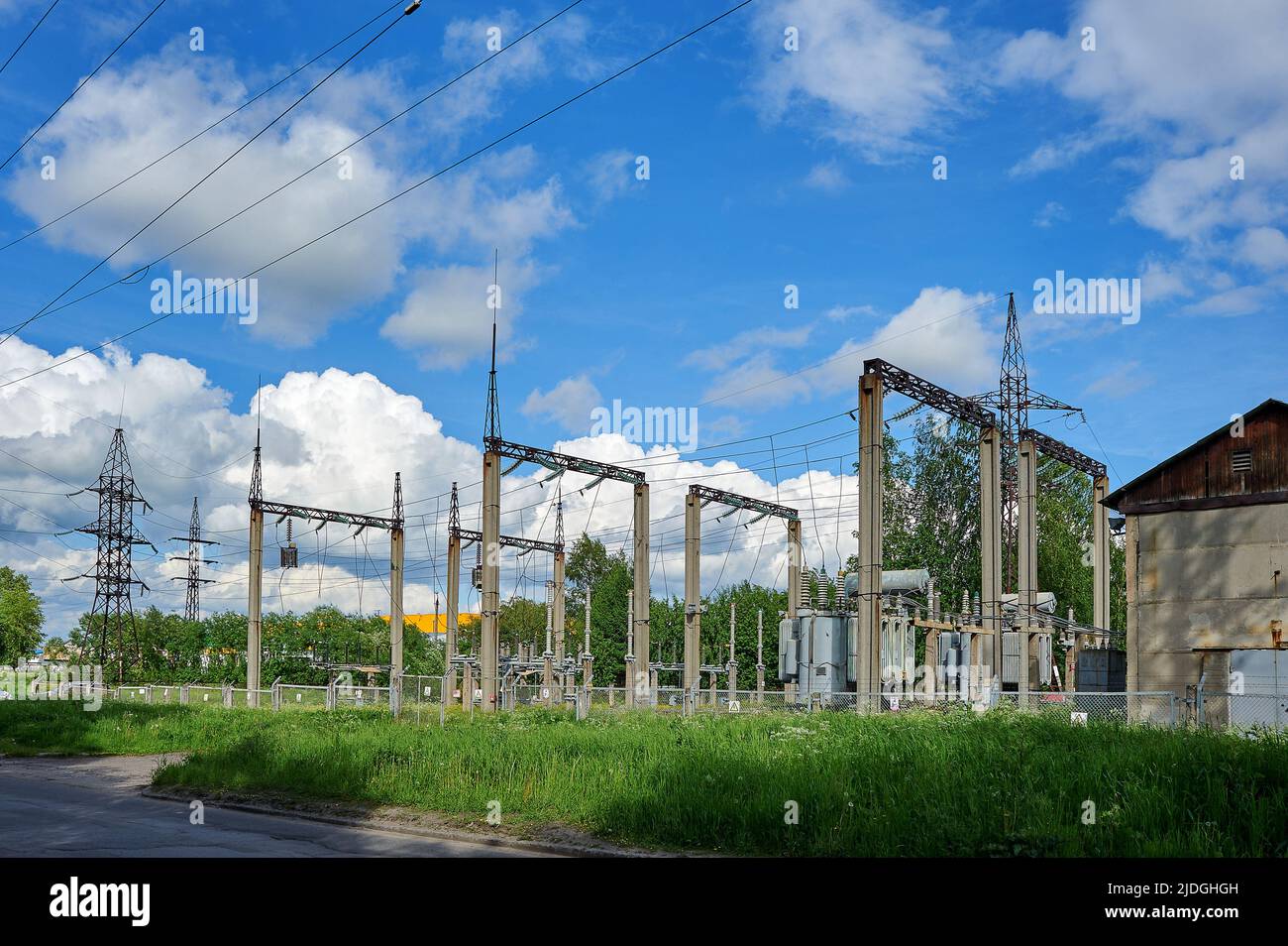 high-voltage electrical substation against the blue sky Stock Photo - Alamy