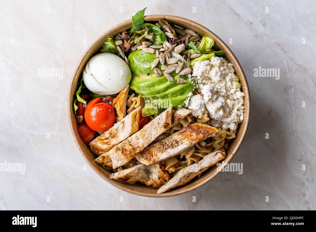 Healthy Protein Food Bowl with Chicken, Avocado, Egg, Cheese and Greens ...