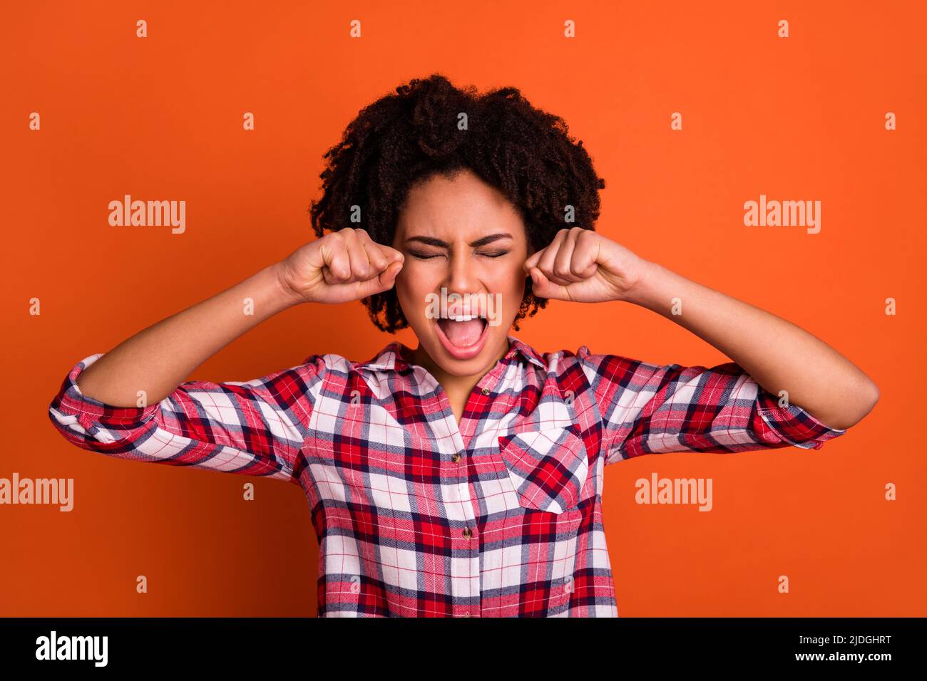 Portrait of unsatisfied crying person closed eyes hands wipe tears ...