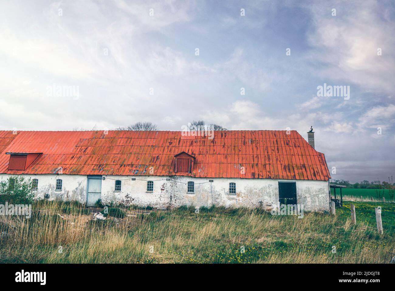 Old barn made of stone in a rural countryside scenery with tall grass ...
