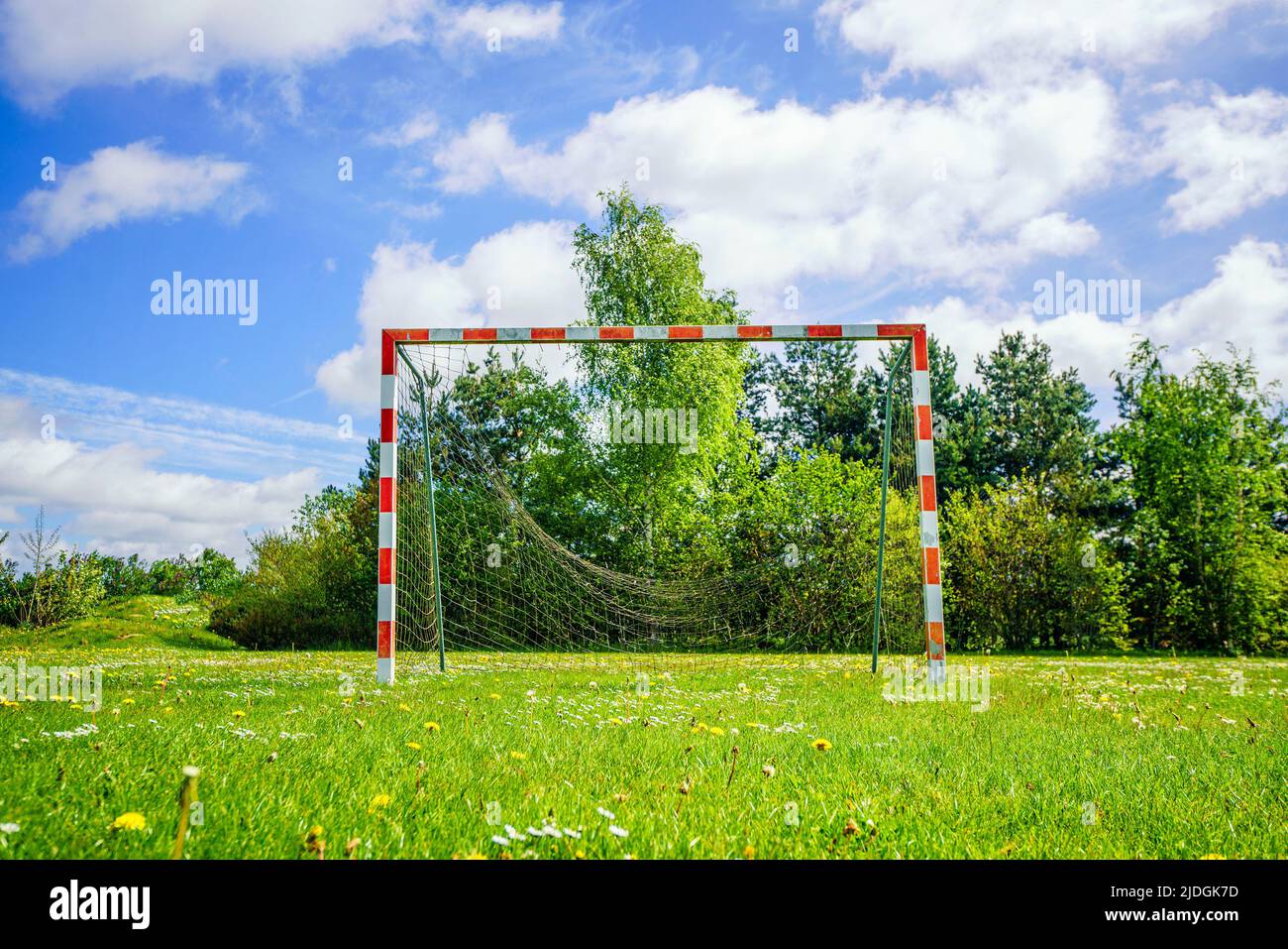 Old handball goal with a broken net on a green lawn in the summer with ...