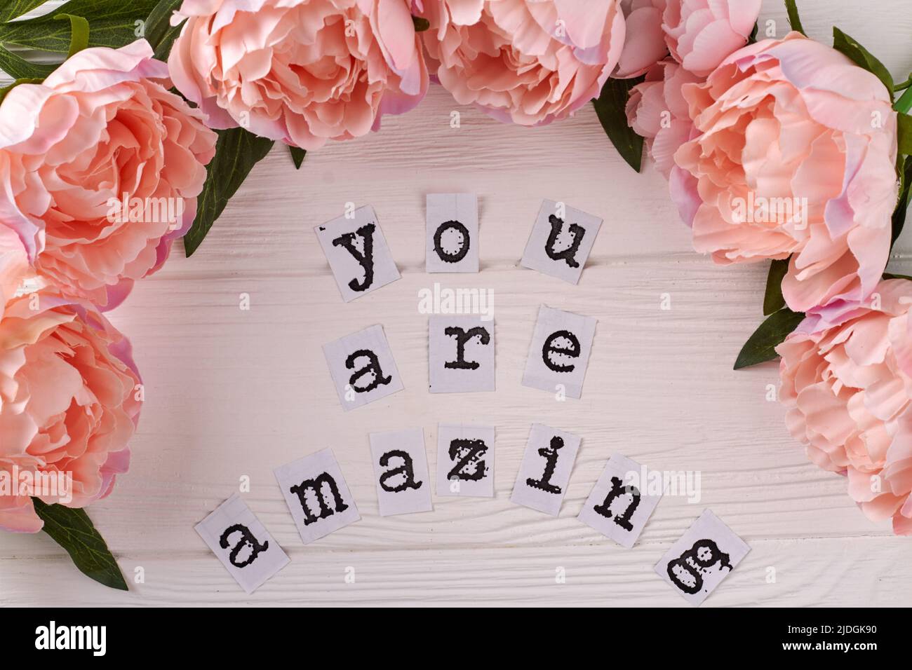 You are amazing inscription on white desk. Peony flowers frame Stock ...