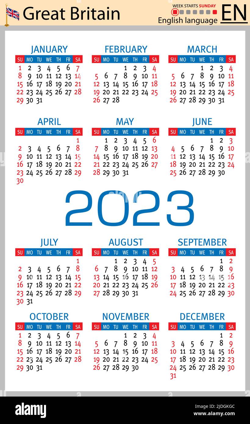 English vertical pocket calendar for 2023 (two thousand twenty three ...