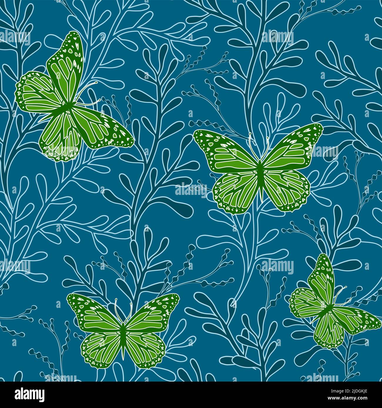 Silhouettes of identical leaves seamless pattern with green butterflies ...
