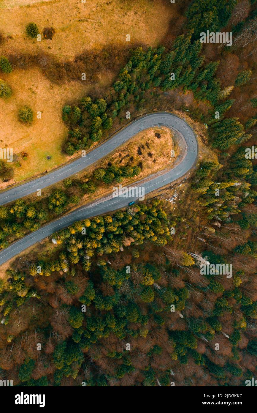 steep and dangerous turns on the road, serpentine roads in the woods ...