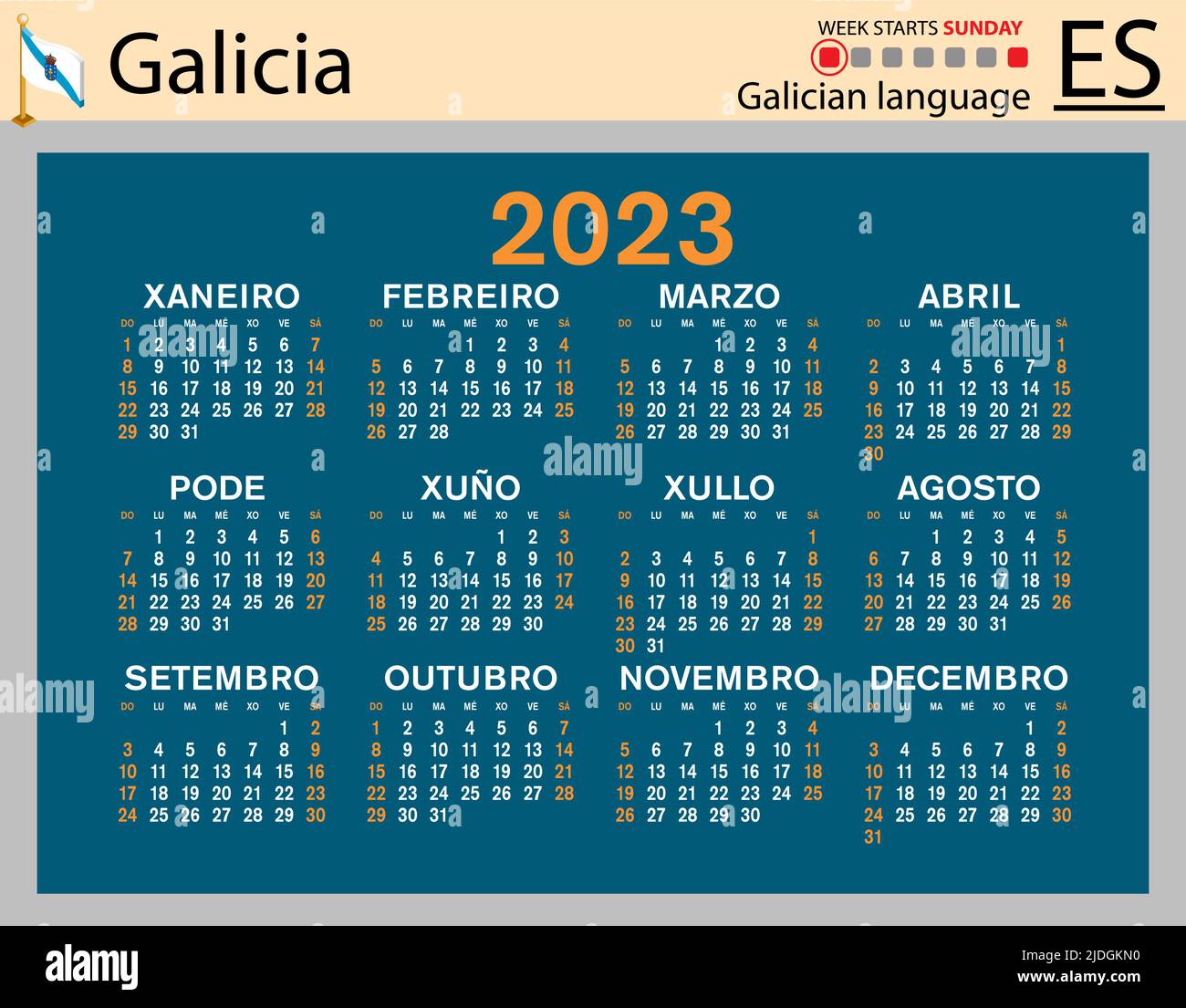 Galician horizontal pocket calendar for 2023 (two thousand twenty three ...