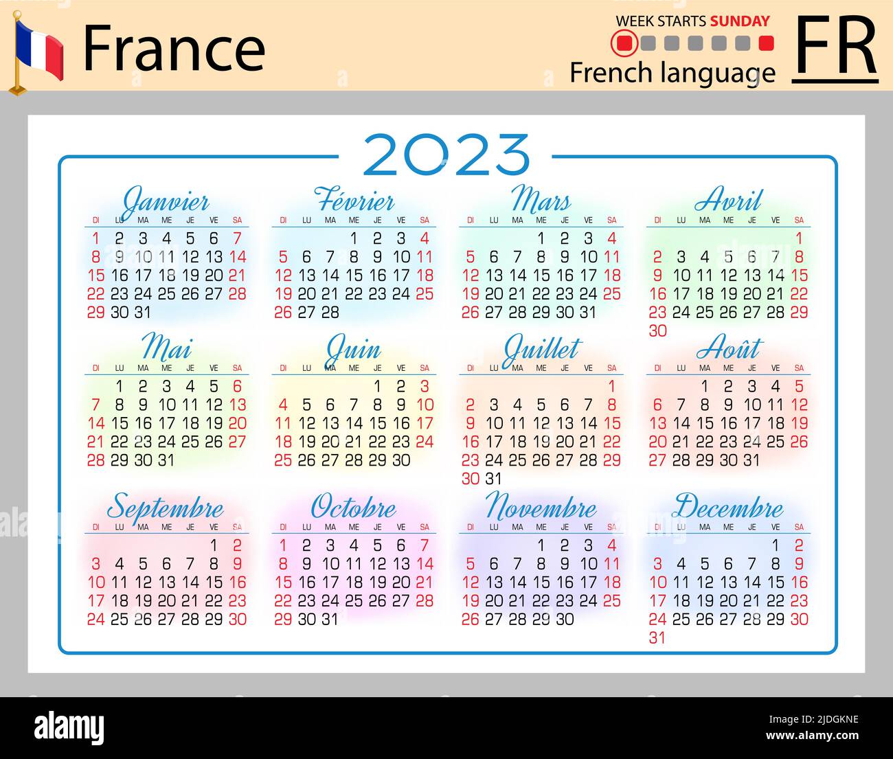 French horizontal pocket calendar for 2023 (two thousand twenty three ...