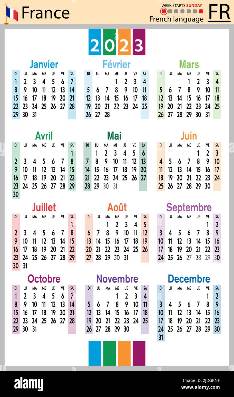 French vertical pocket calendar for 2023 (two thousand twenty three ...