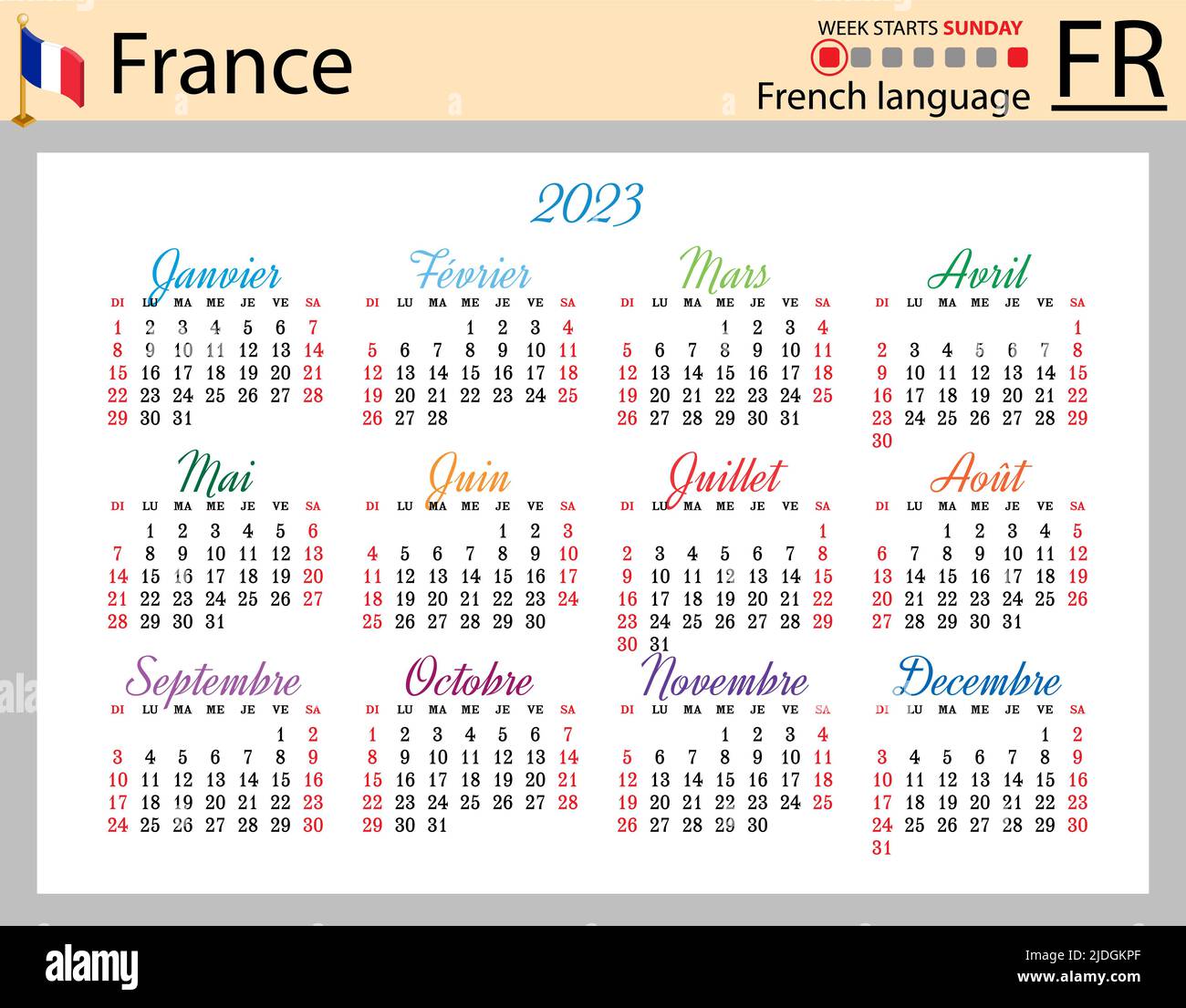 French horizontal pocket calendar for 2023 (two thousand twenty three ...