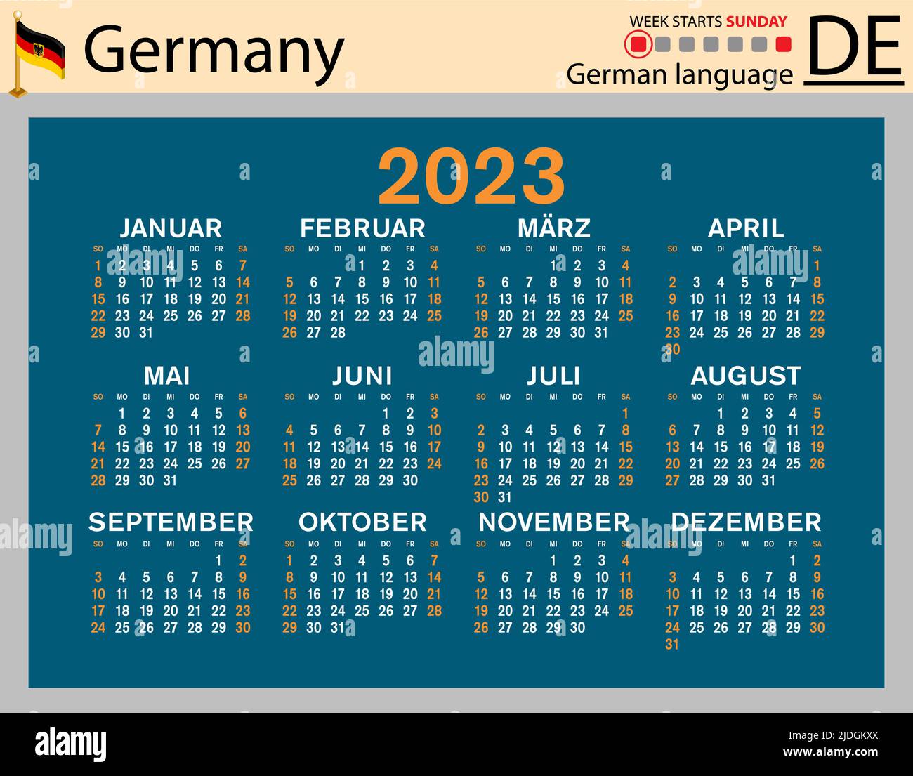German horizontal pocket calendar for 2023 (two thousand twenty three ...