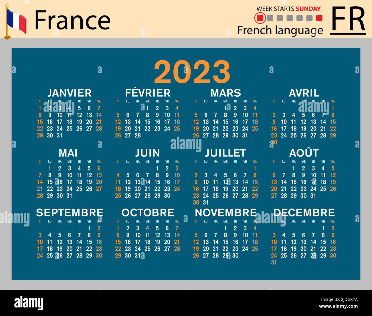 French horizontal pocket calendar for 2023 (two thousand twenty three ...