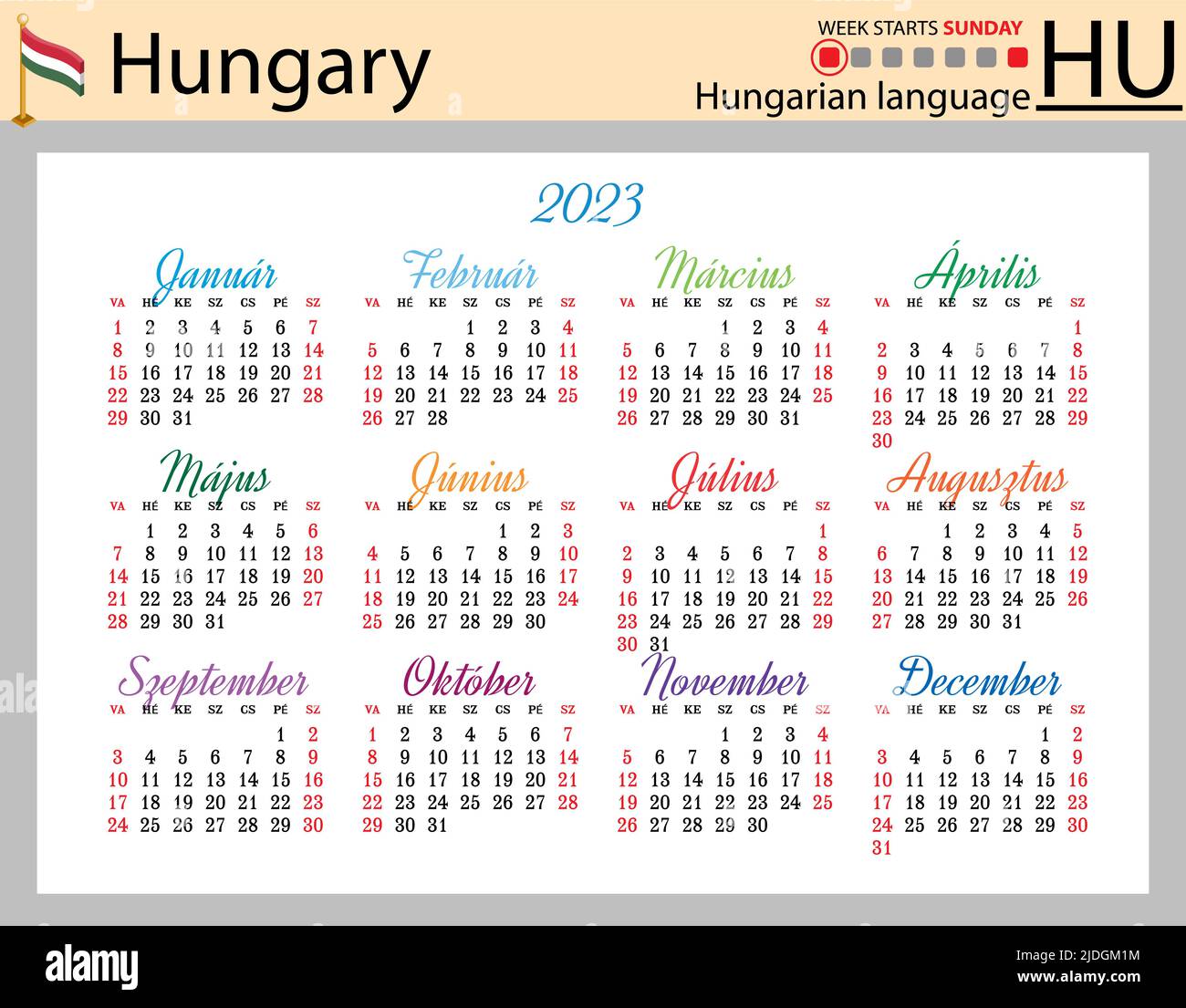 Hungarian horizontal pocket calendar for 2023 (two thousand twenty ...
