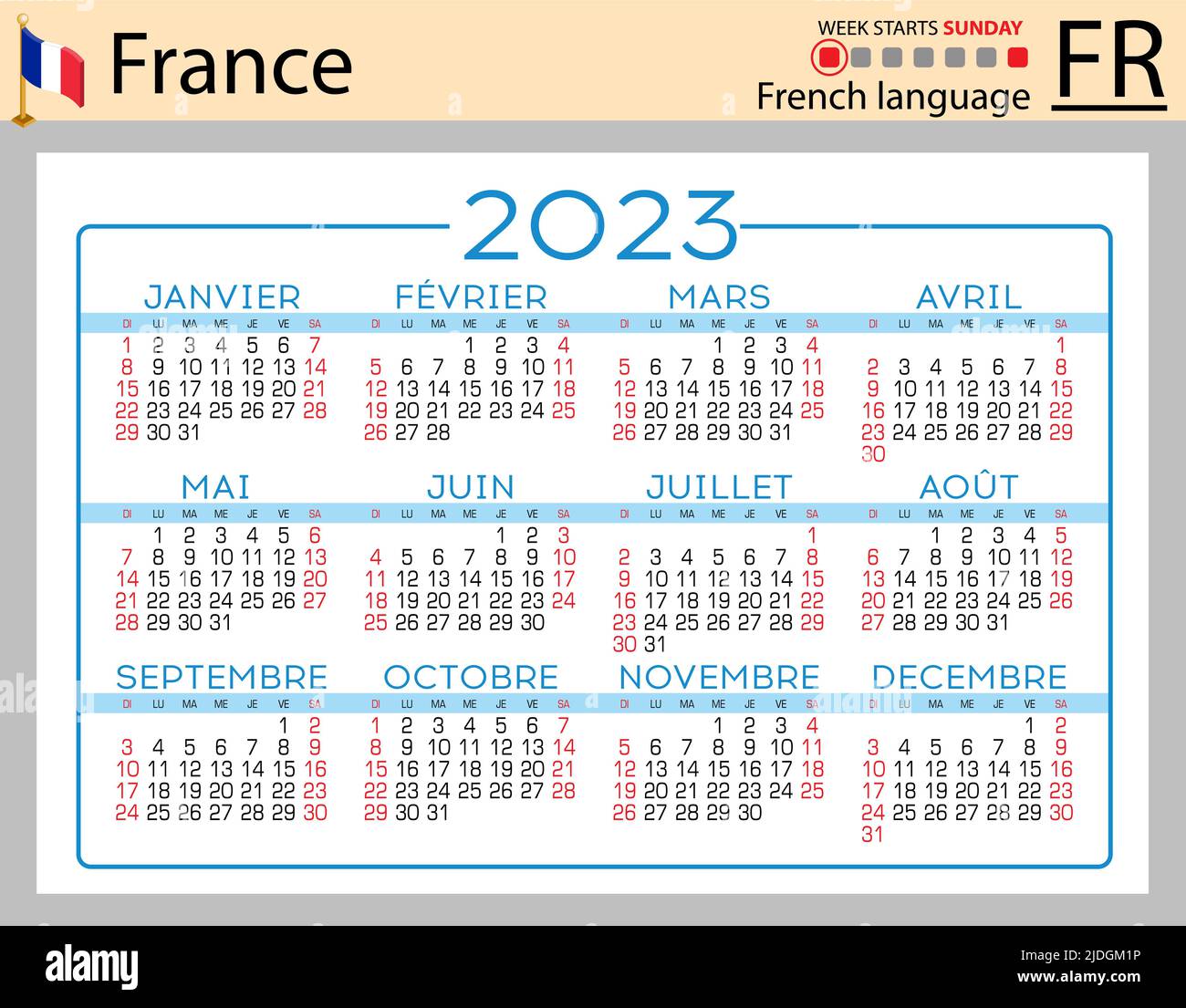 French horizontal pocket calendar for 2023 (two thousand twenty three ...