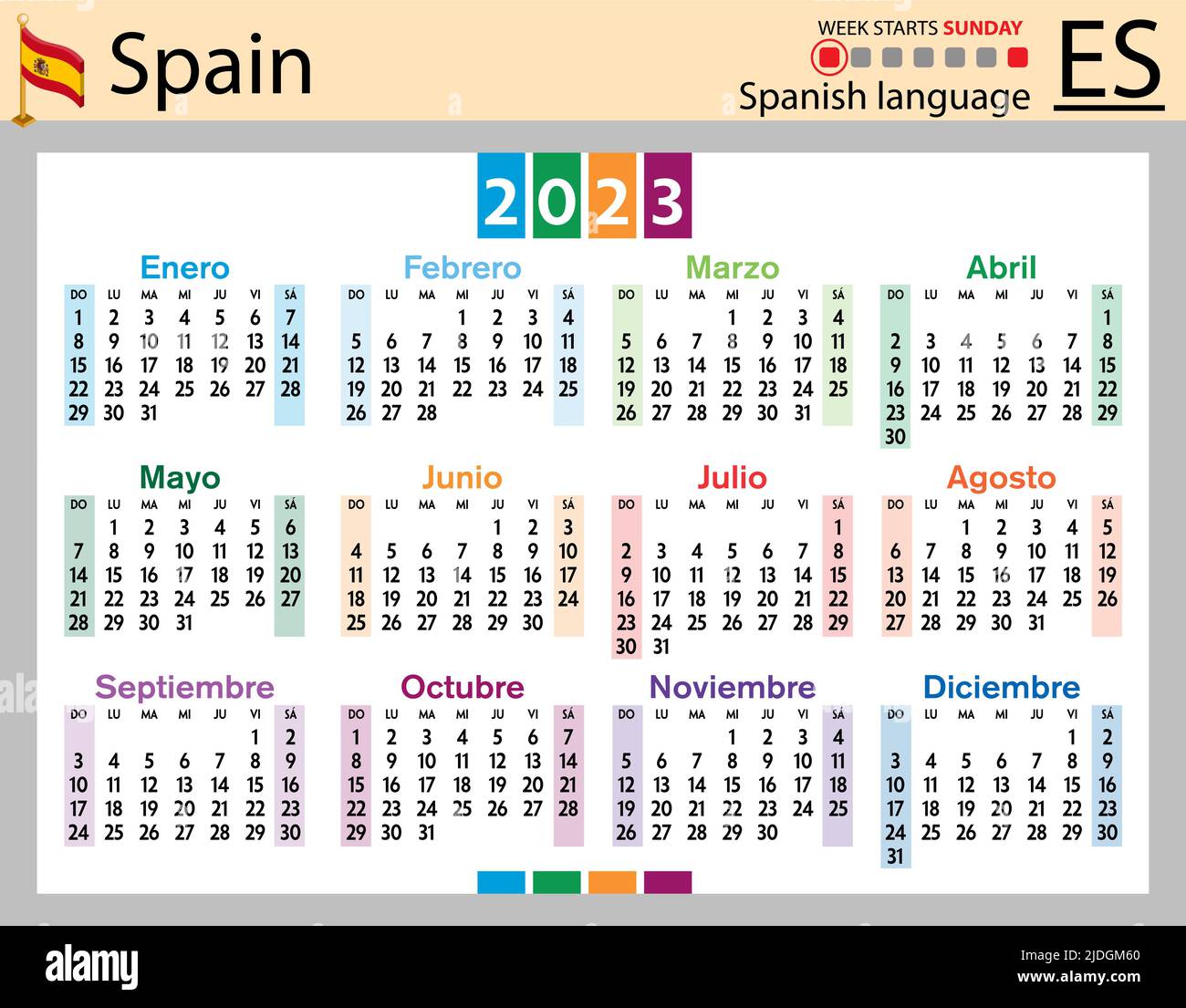Spanish horizontal pocket calendar for 2023 (two thousand twenty three ...
