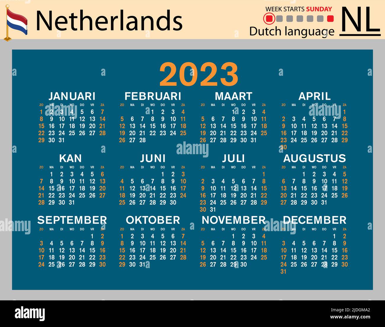 Dutch horizontal pocket calendar for 2023 (two thousand twenty three ...