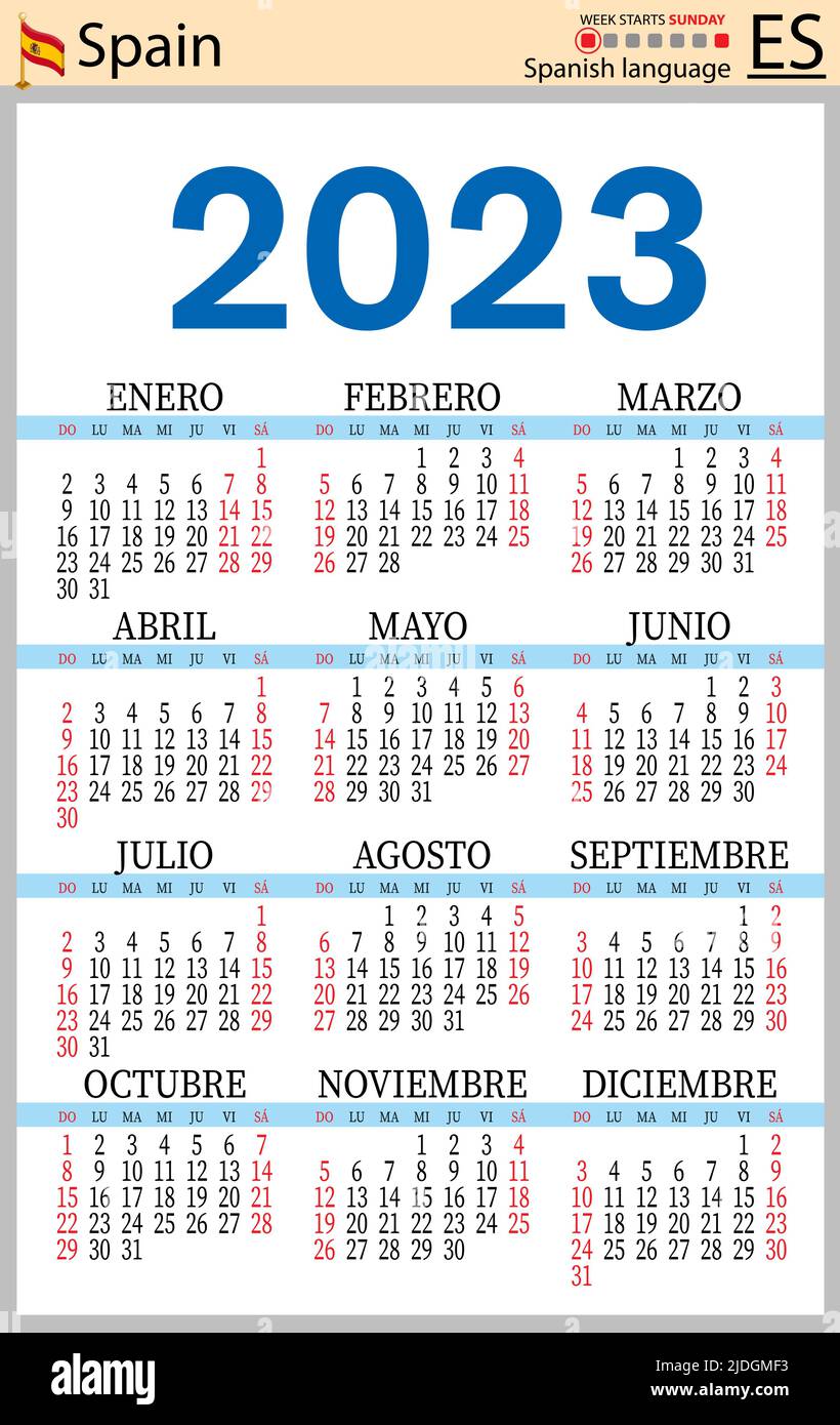 Spanish vertical pocket calendar for 2023 (two thousand twenty three). Week starts Sunday. New ...