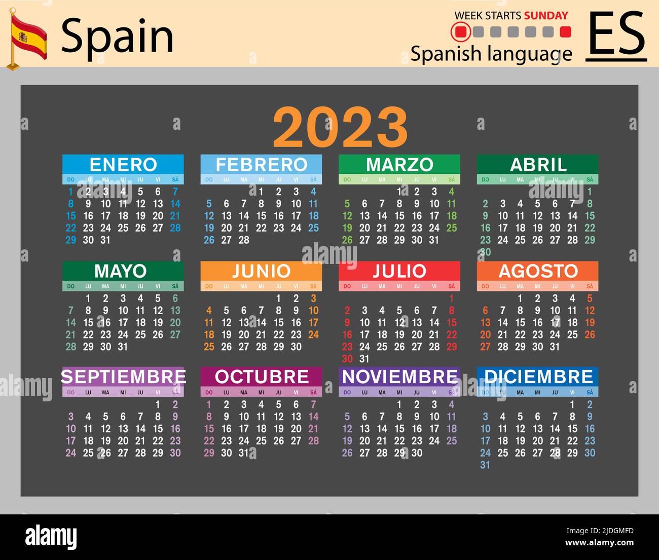 Spanish horizontal pocket calendar for 2023 (two thousand twenty three ...
