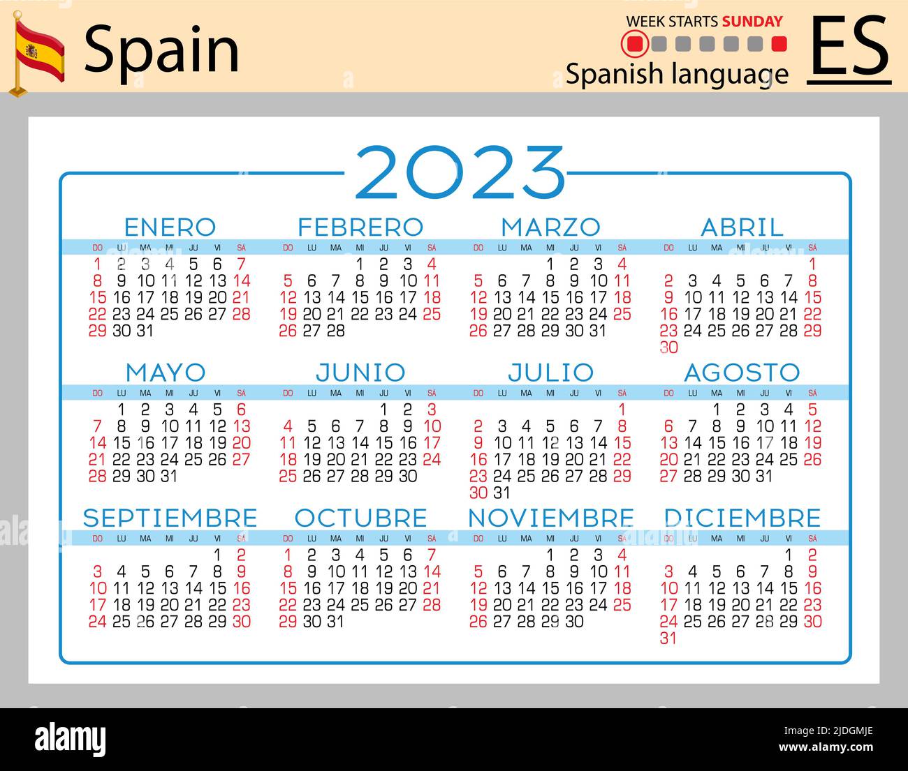 Spanish horizontal pocket calendar for 2023 (two thousand twenty three ...