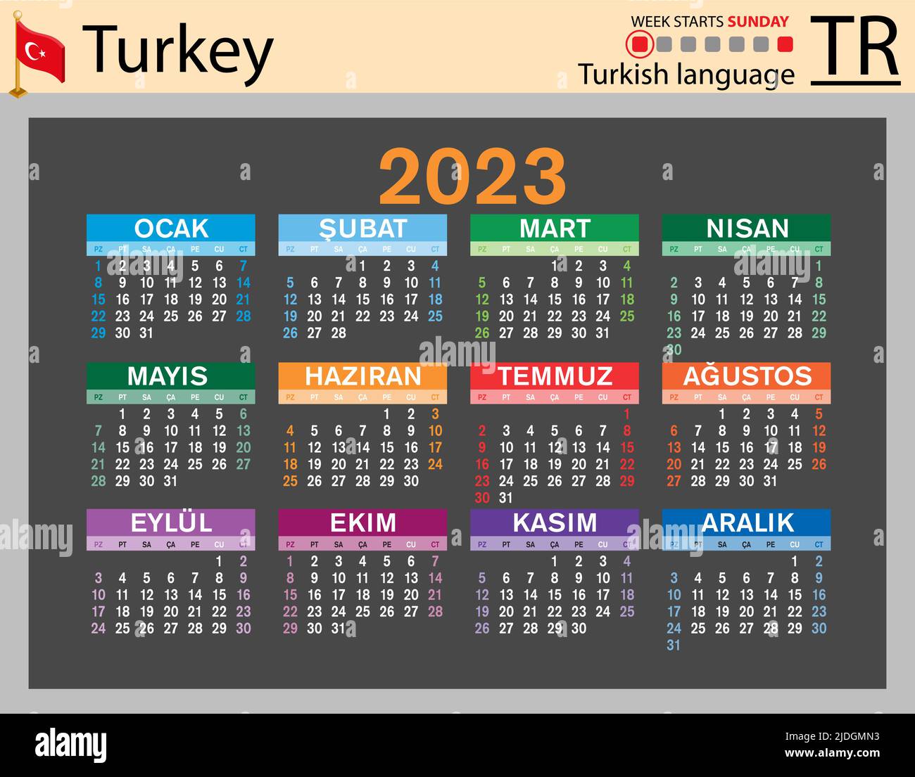 Turkish horizontal pocket calendar for 2023 (two thousand twenty three ...