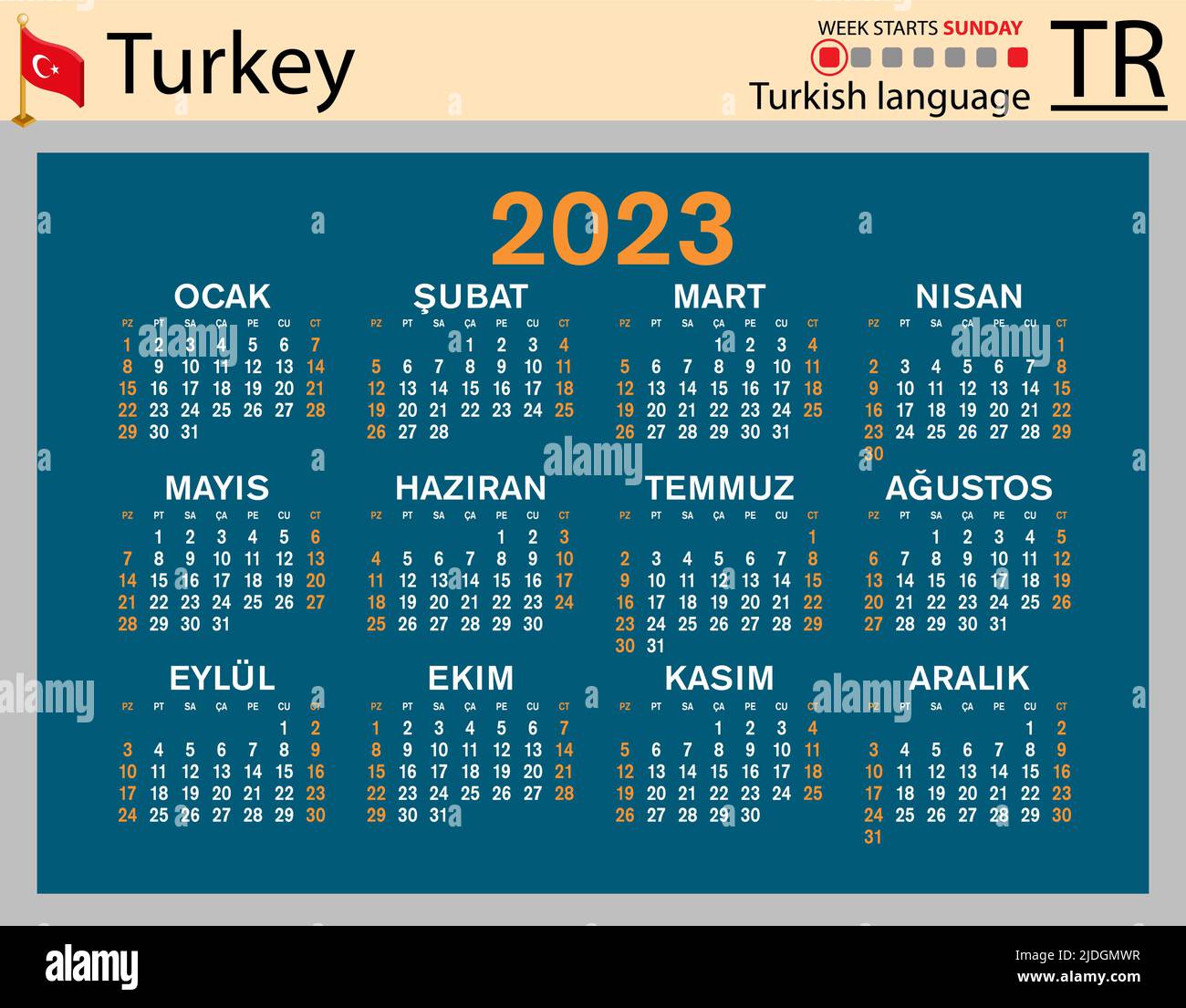 Turkish horizontal pocket calendar for 2023 (two thousand twenty three ...