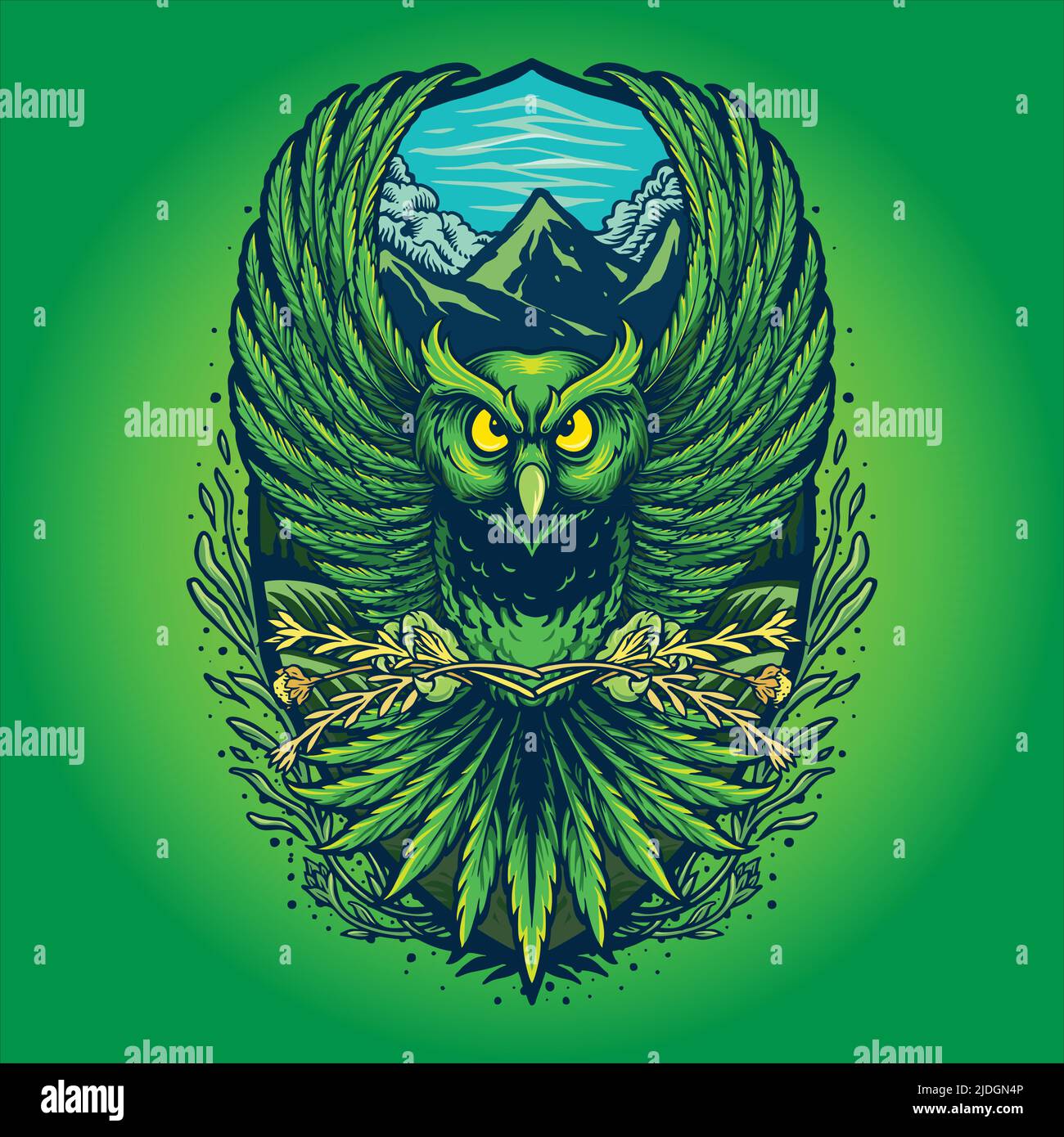 Owl flying with mountain forest vector illustrations for your work logo ...