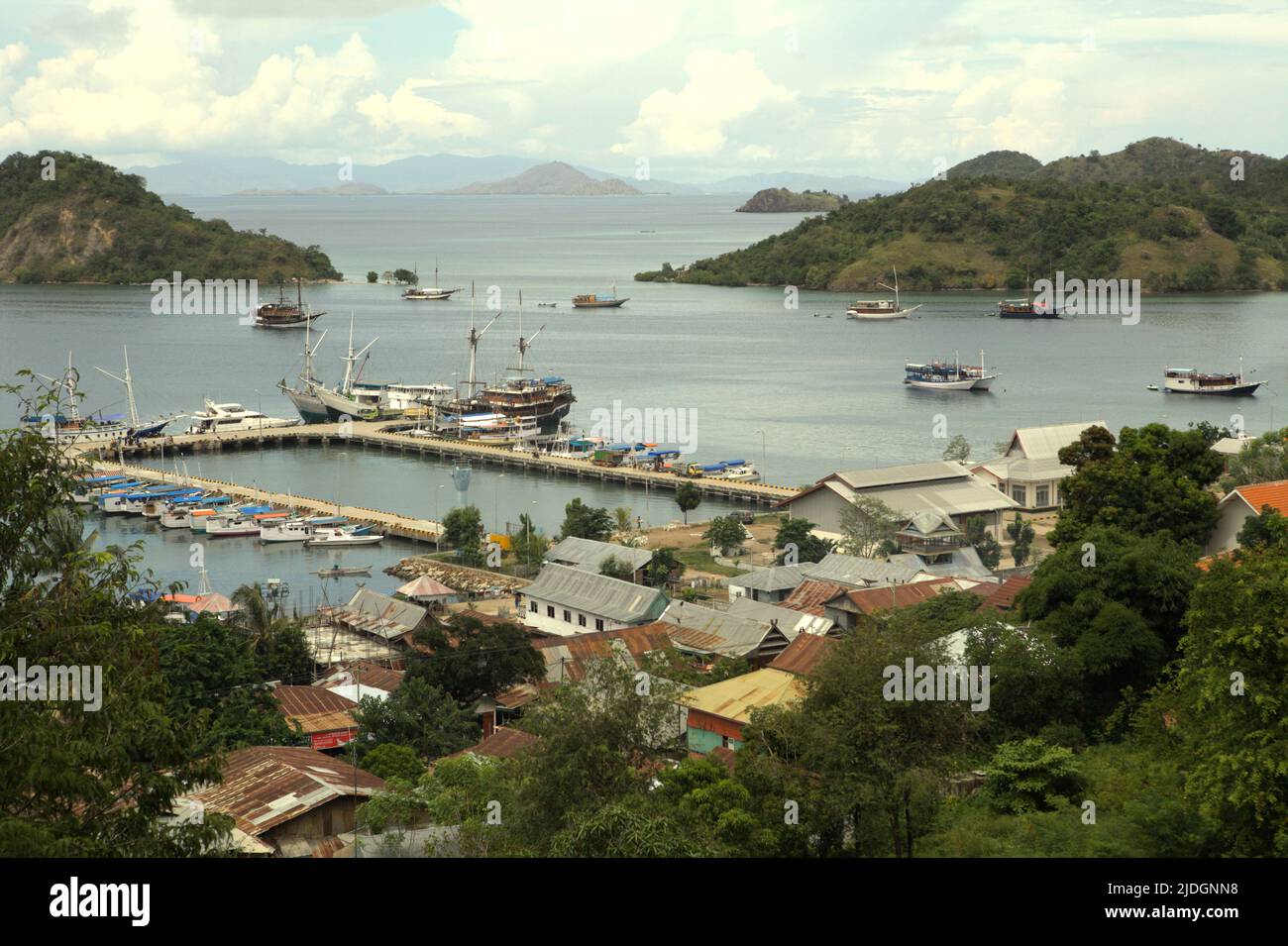 Port of Labuan Bajo is seen from a hill in Labuan Bajo, Komodo, West ...