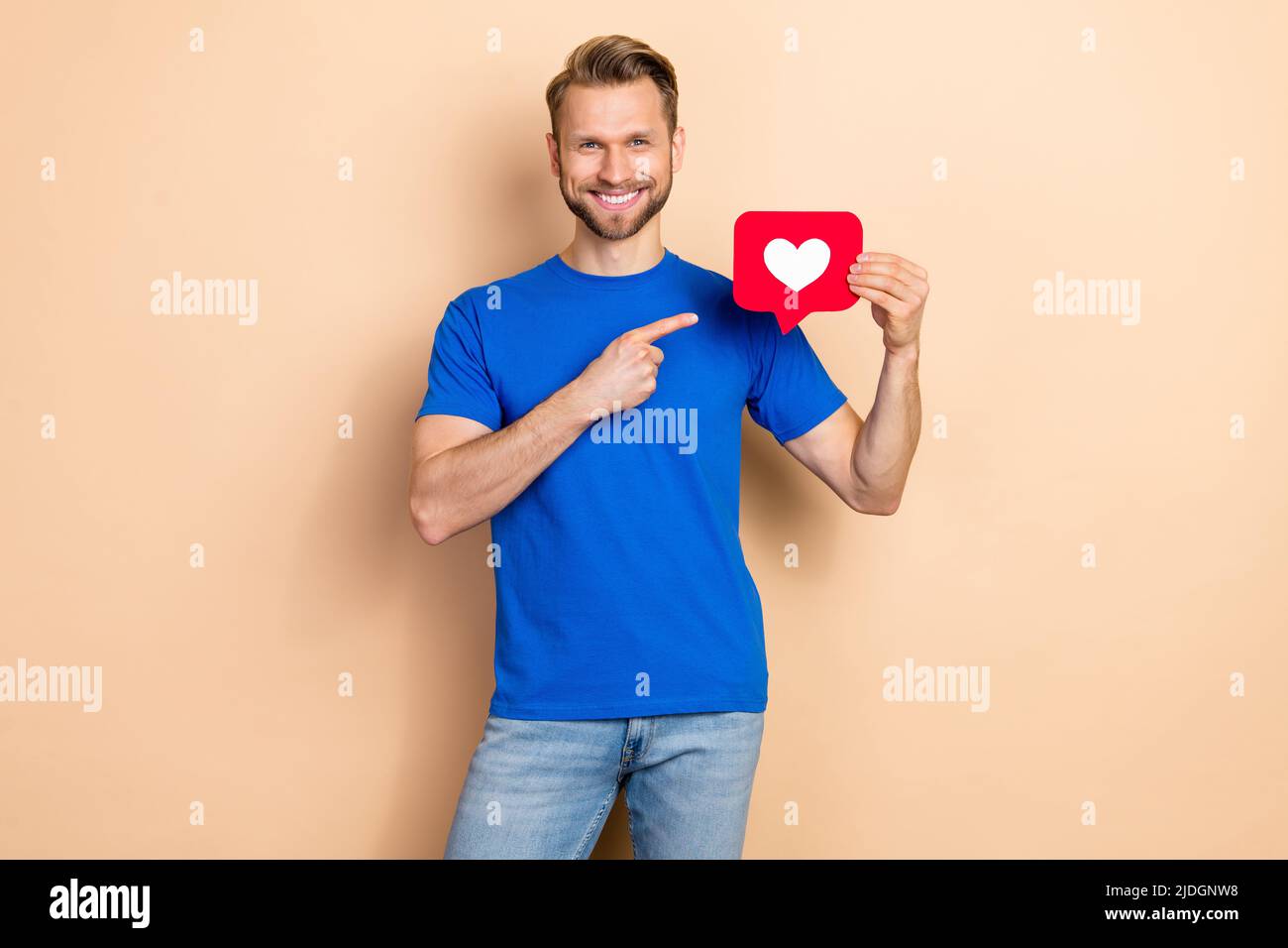 Photo of young guy indicate fingers promo recommend button click user ...