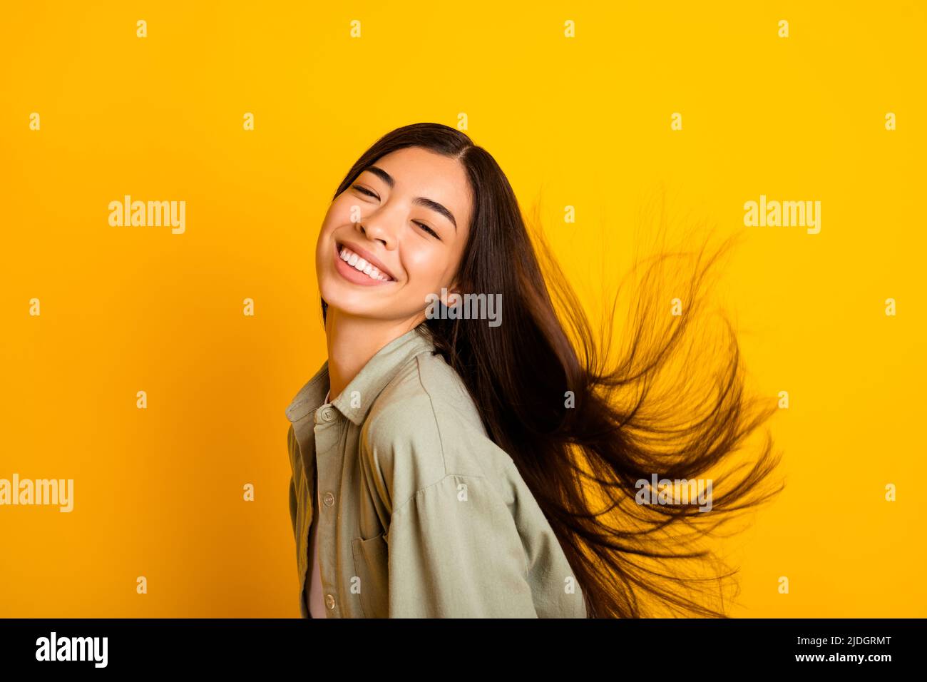 Profile portrait of gorgeous peaceful girl toothy smile have good mood ...