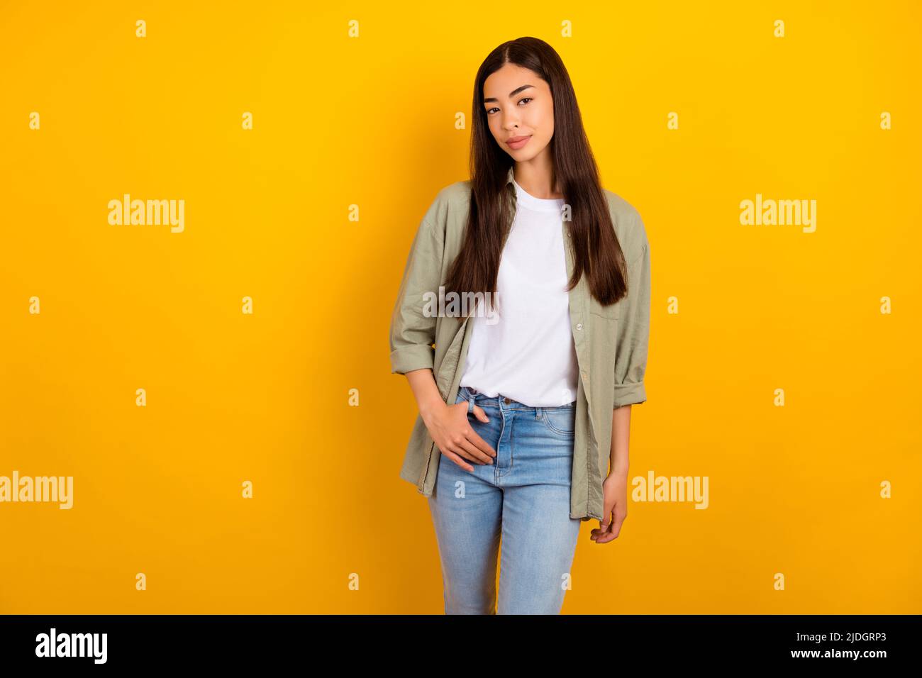 Photo of young good looking pretty female in trendy outfit wear street ...