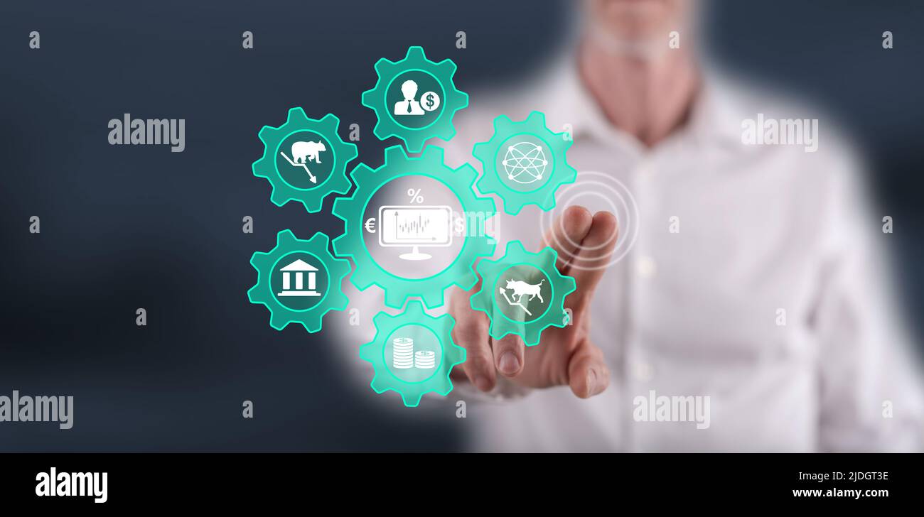 Man touching a stock exchange concept on a touch screen with his finger ...