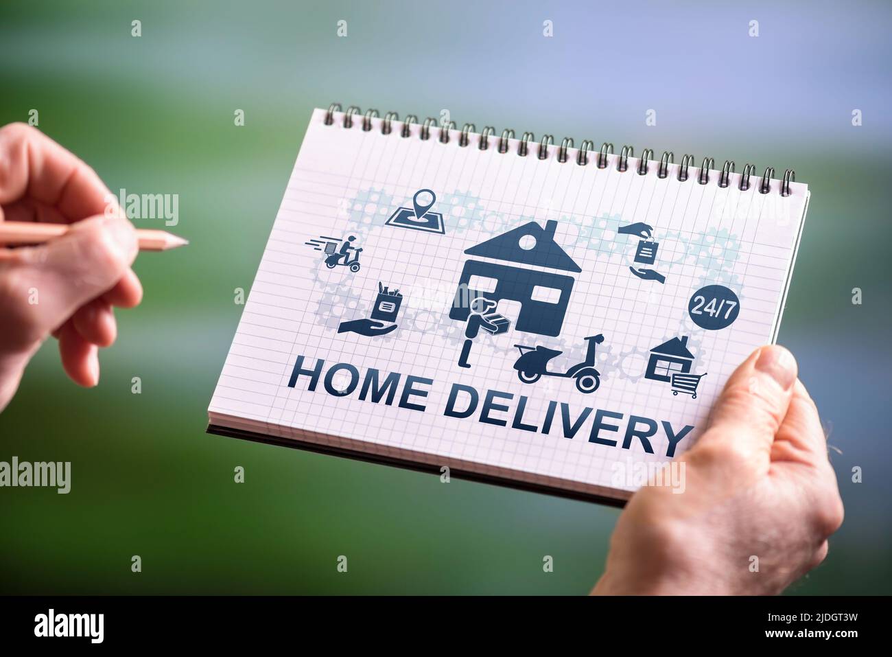 Hand drawing home delivery concept on a notepad Stock Photo - Alamy