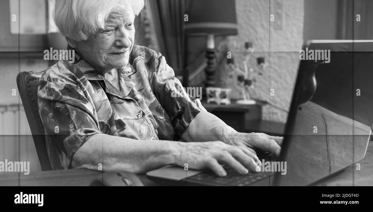 Old woman hands typing on a laptop keyboard, geometric pattern Stock ...
