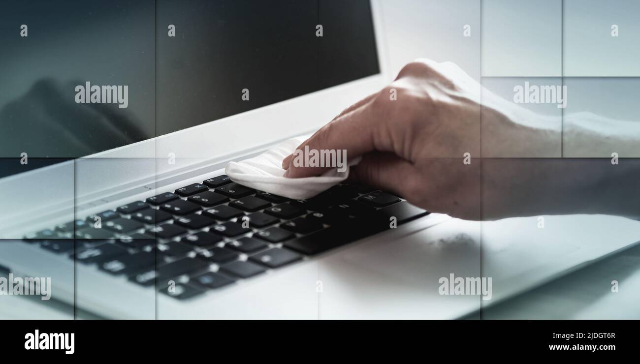Woman disinfecting laptop keyboard with antibacterial wipe; prevention ...