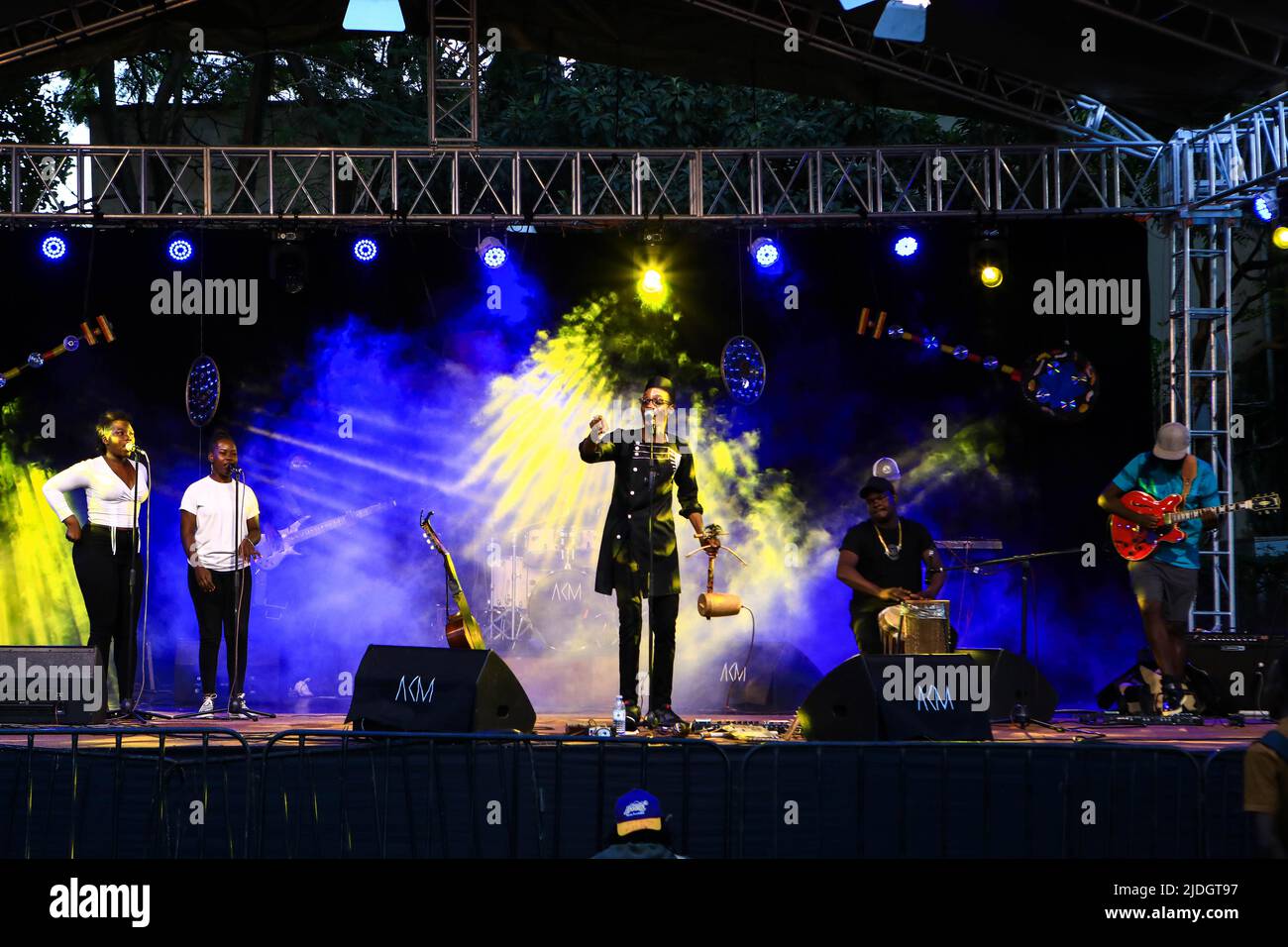 Kampala, Uganda. 20th June, 2022. An artist performs on stage with his ...