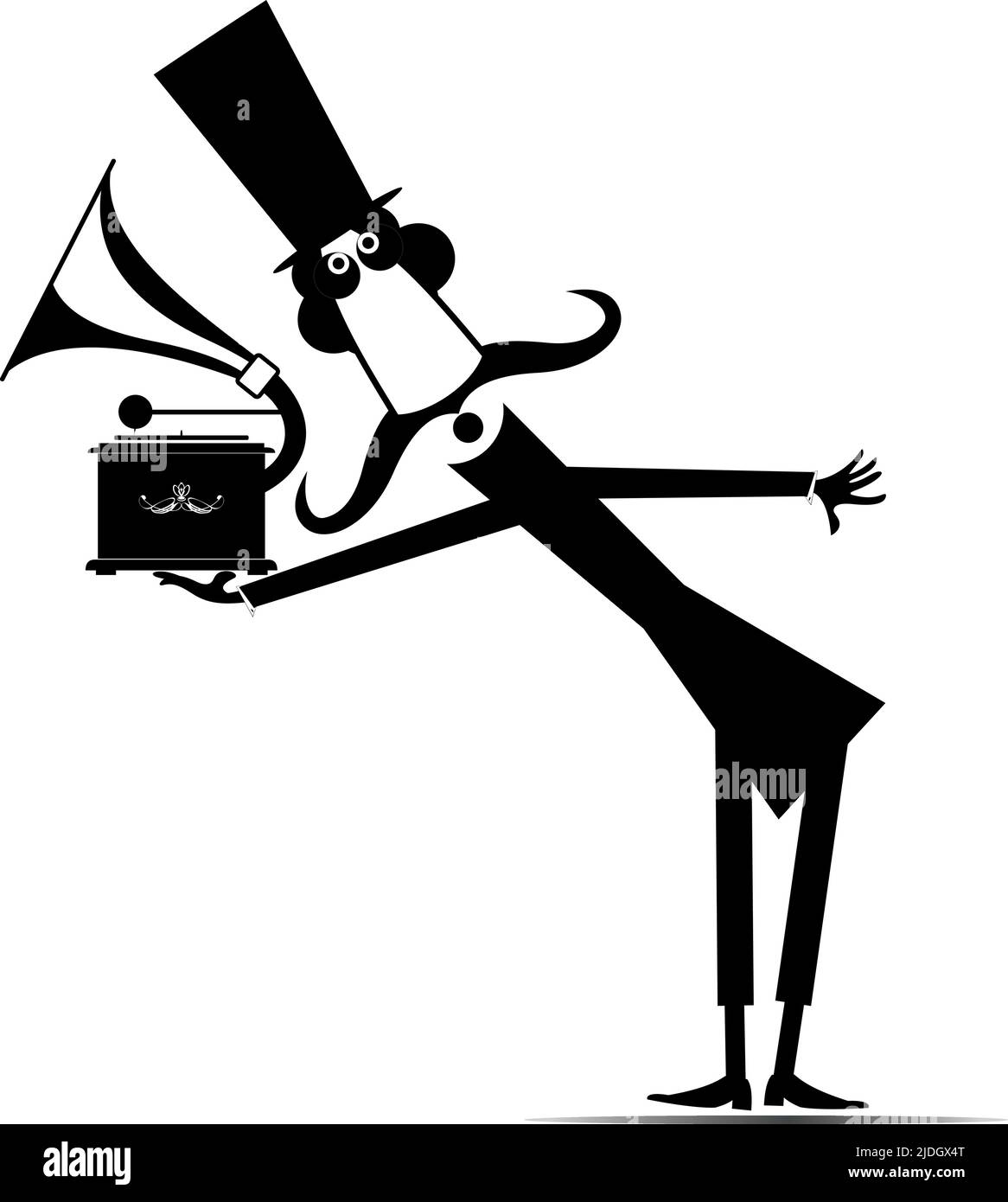 Man and retro record player illustration. Funny mustache man in the top ...