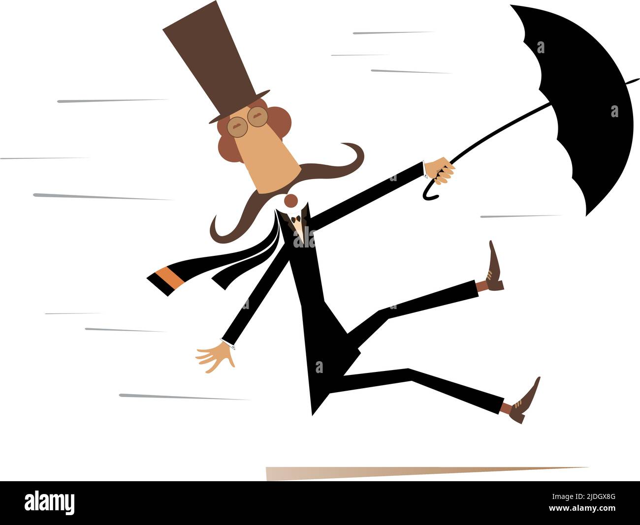 Cartoon man, umbrella and windy day. Funny long mustache man in the top ...