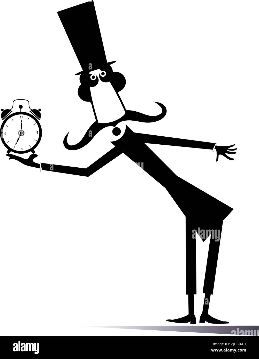 Cartoon man in the top hat holding alarm clock. Comic long mustache man ...
