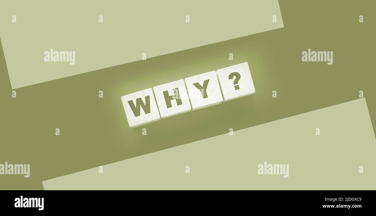 Why Closeup of word with question mark on wooden cubes on dark grey ...