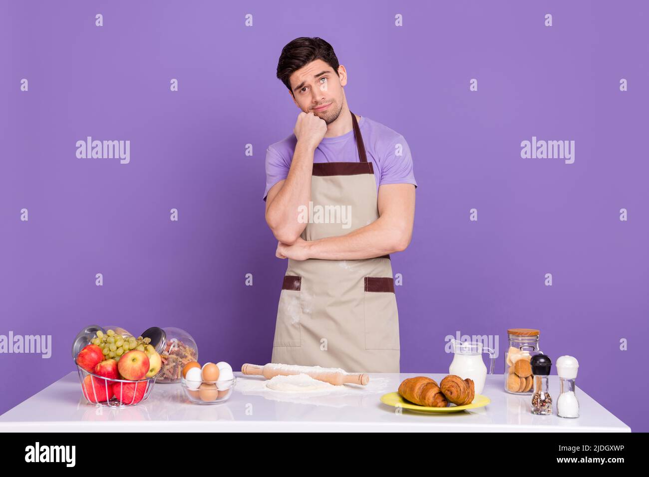 Portrait of grumpy unsatisfied man arm chin look camera isolated on ...