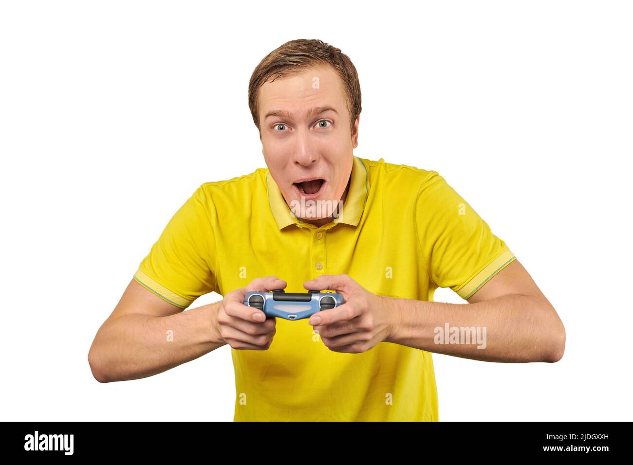 Funny gamer man with gamepad in yellow T-shirt isolated on white ...
