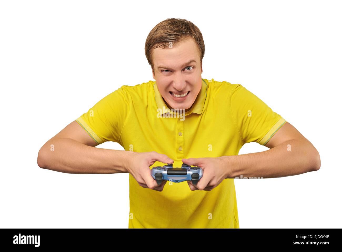 Funny attractive gamer in yellow T-shirt with gamepad isolated on white ...