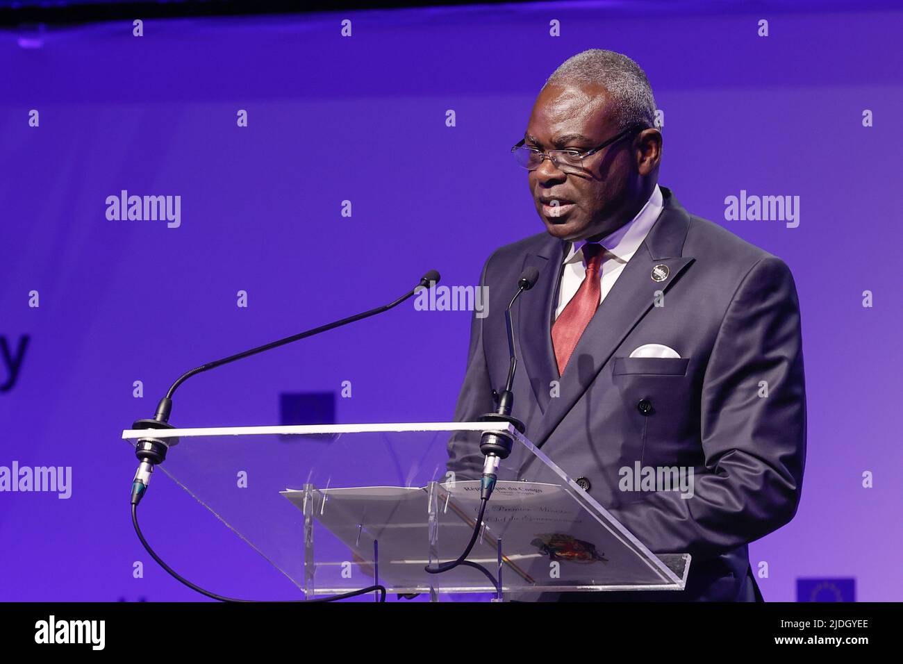Prime Minister of Congo Anatole Collinet Makosso delivers a speech at ...