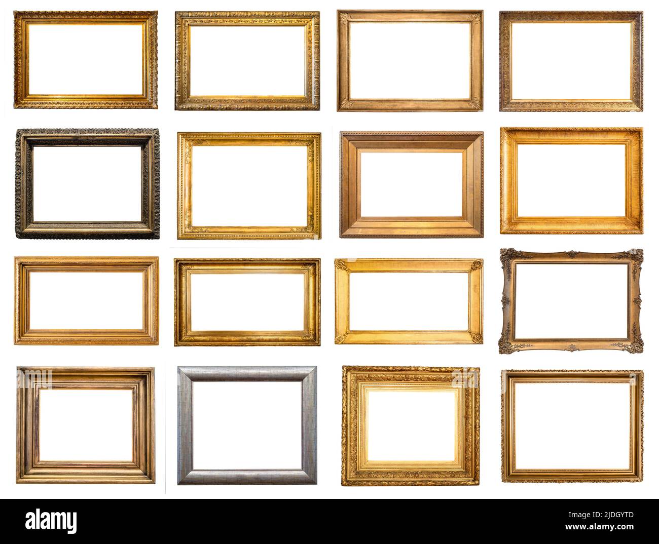 set of various blank horizontal old wide picture frames cutout on white ...