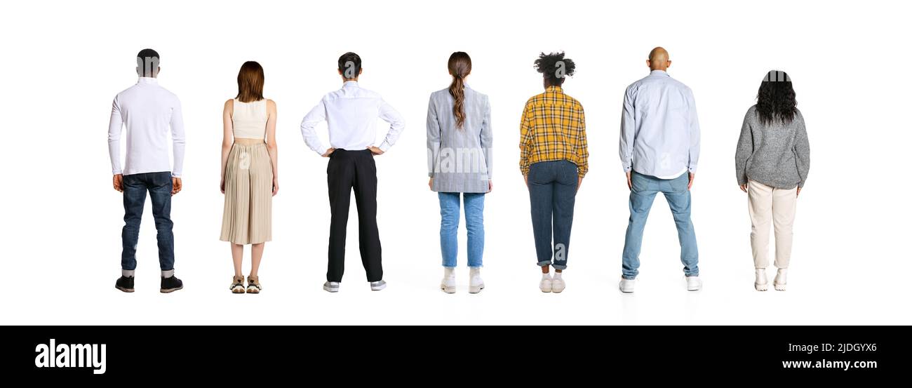 Back view of young men and women standing together like team isolated ...