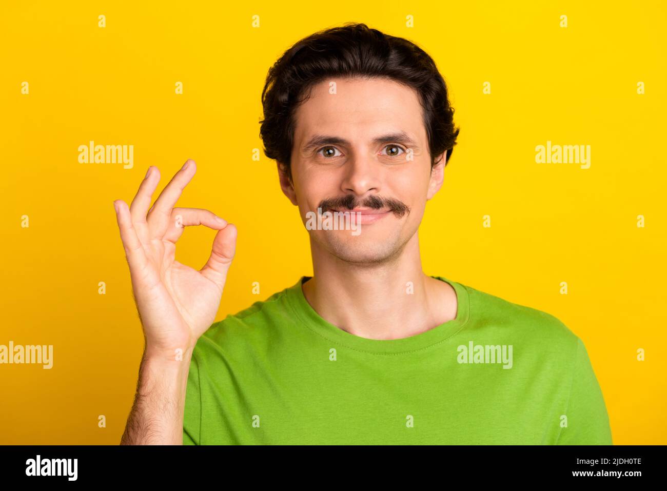 Portrait of young man hand fingers demonstrate okey symbol approve ...