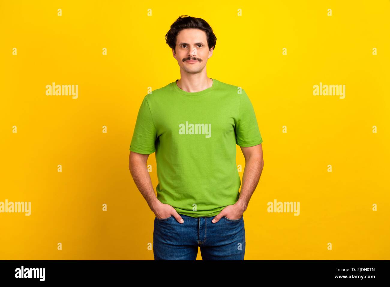 Portrait of calm successful person put hands pockets isolated on ...