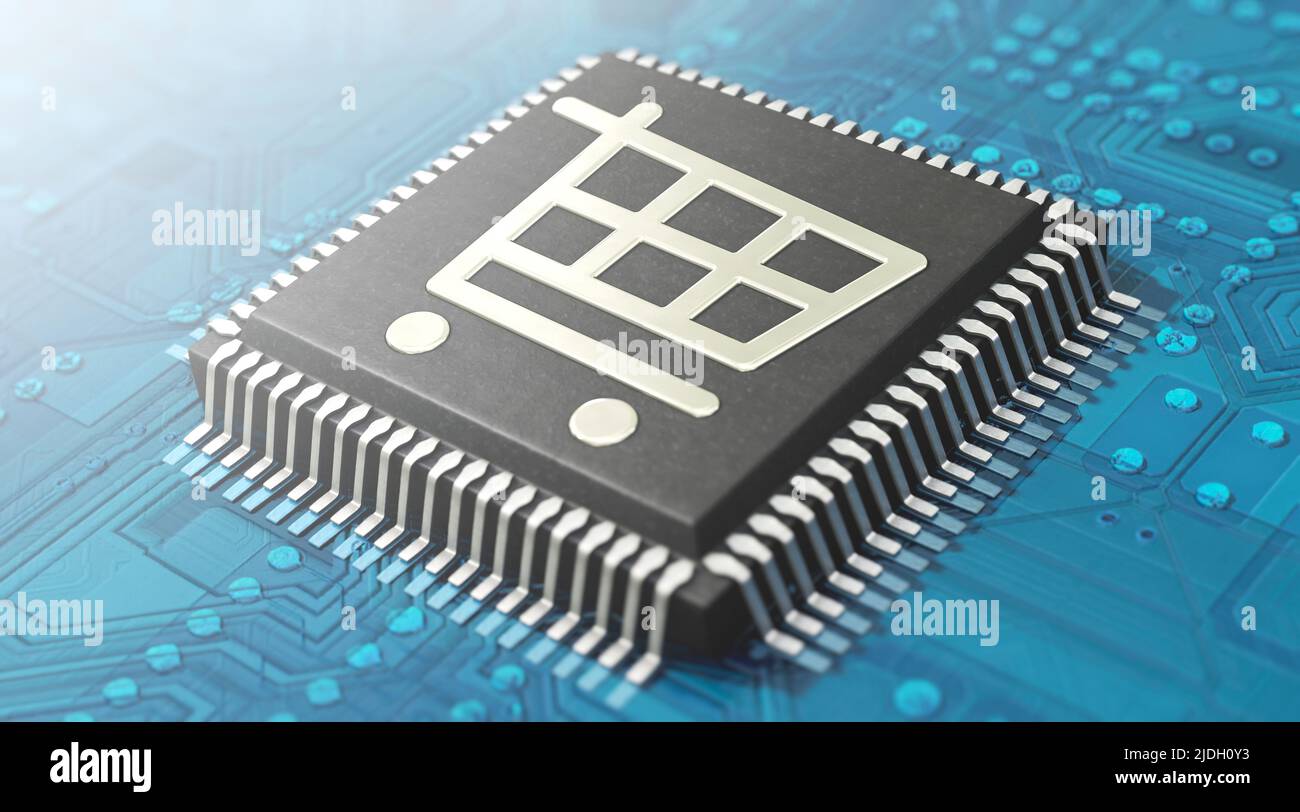 Online trade - processor with shopping trolley symbol Stock Photo - Alamy