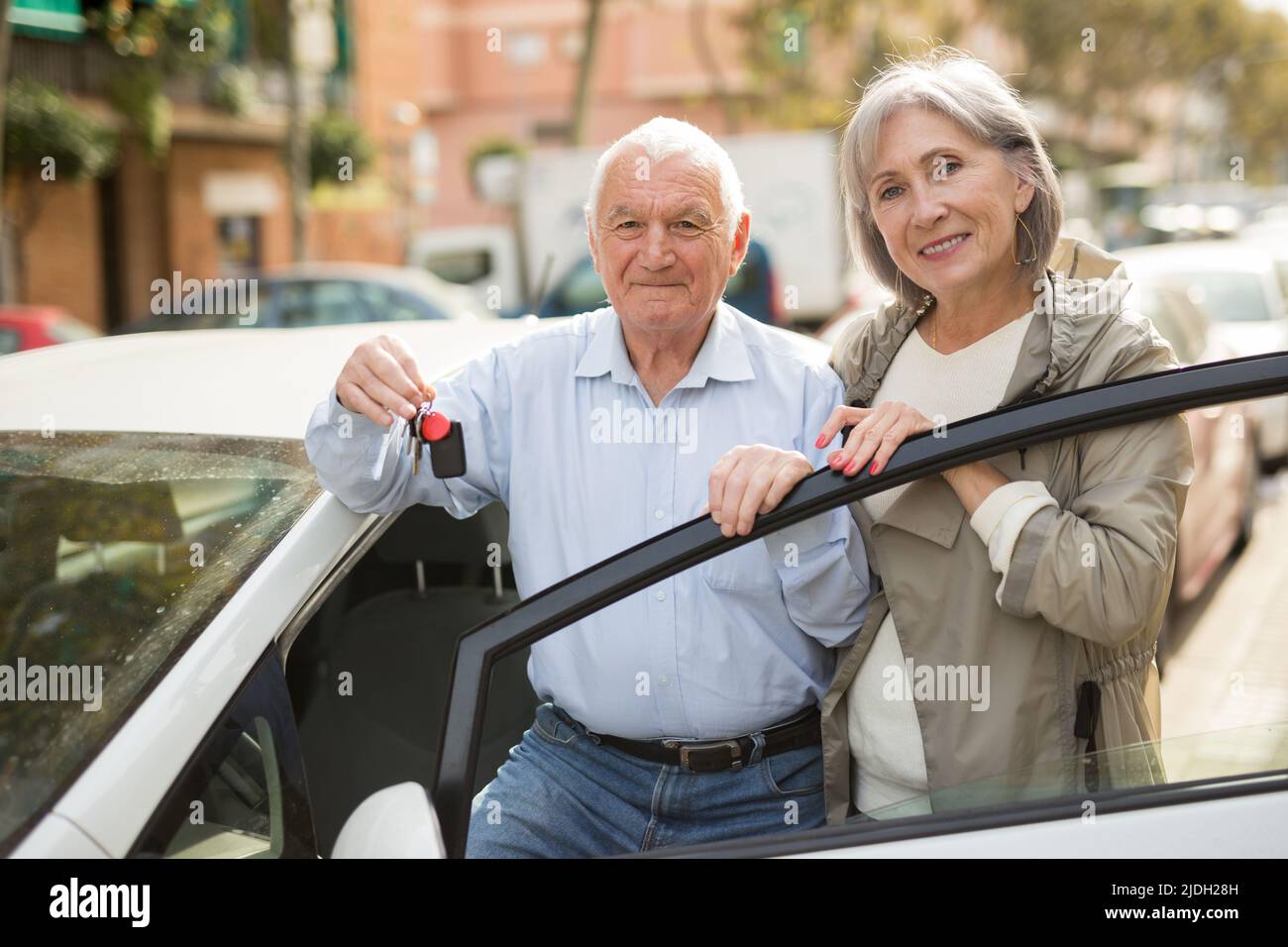 Senior couple standing beside car Stock Photo - Alamy