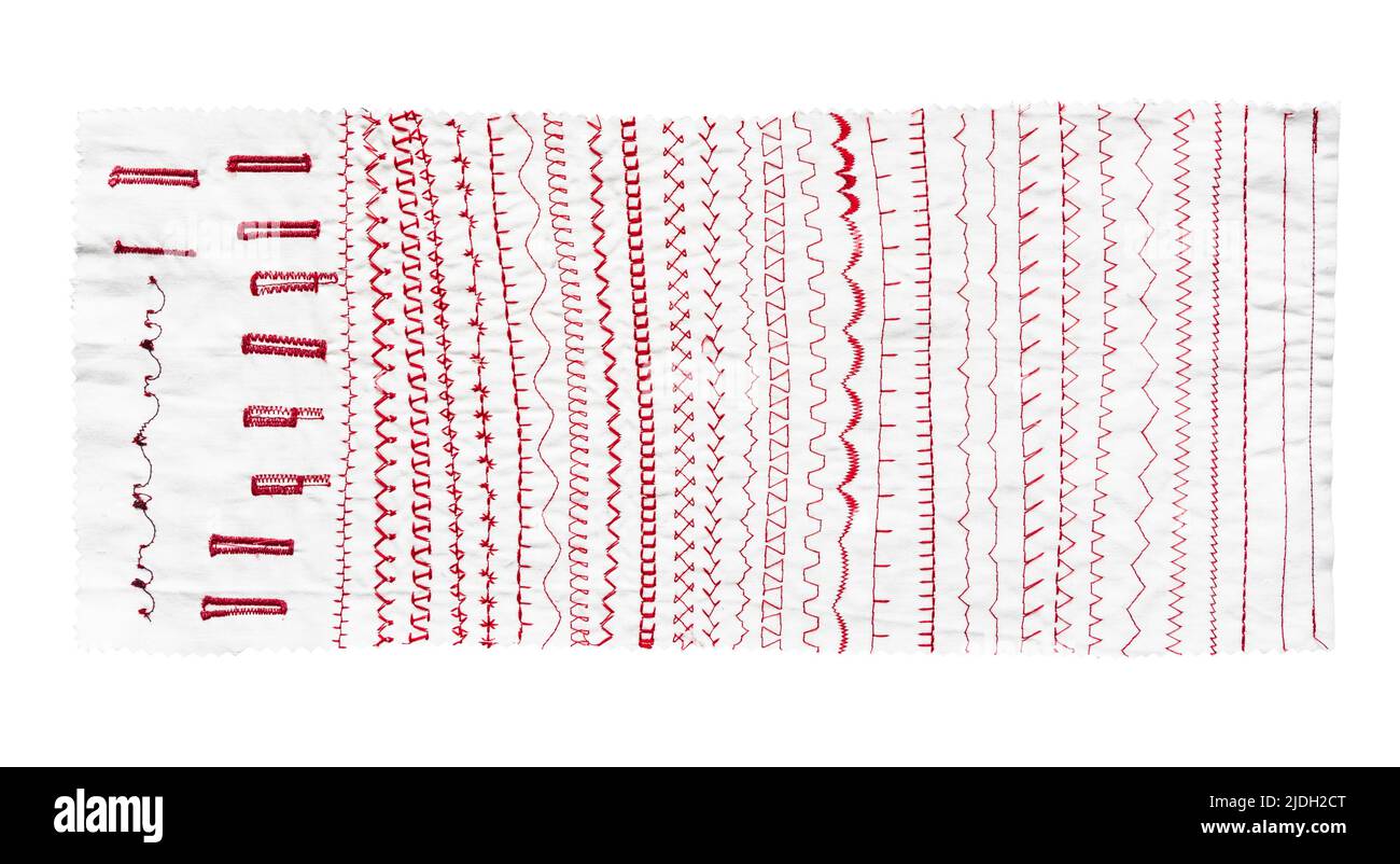 samples of stitches of electronic sewing machine cut out on white ...