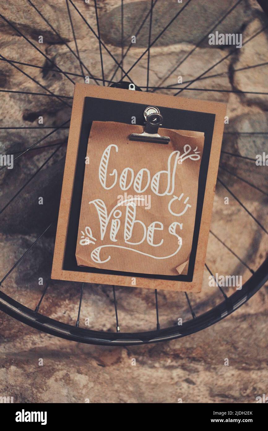 Good vibes sign in a cafe Stock Photo - Alamy